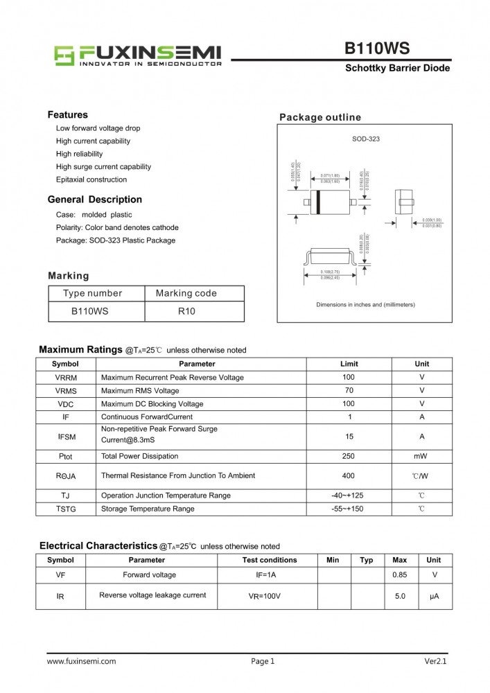 B110WS datasheet page showing package and ratings