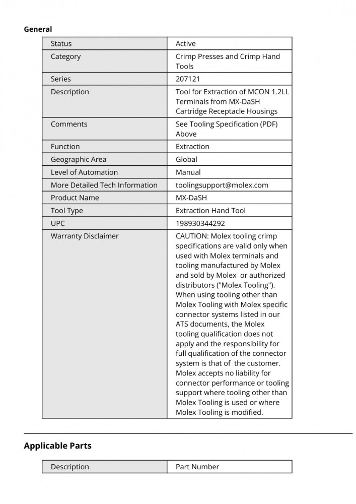 Technical document page 2 for Molex extraction hand tool