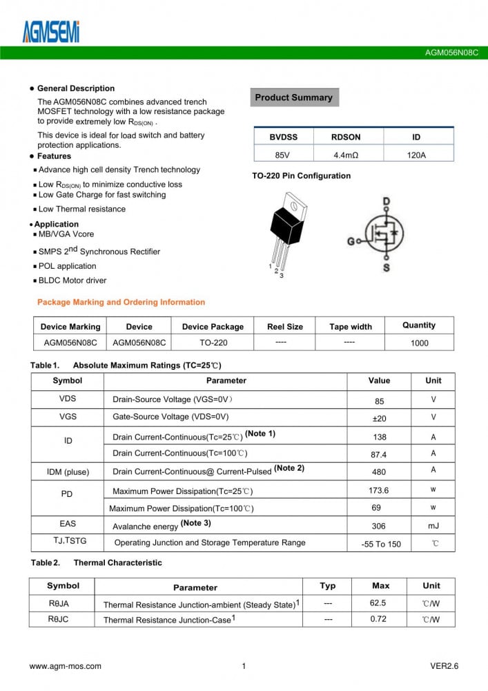 AGM056N08C datasheet page 1