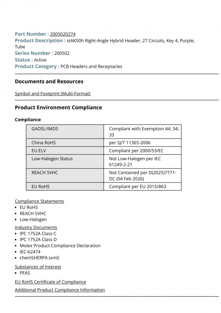 MOLEX 2005020274 technical document image, page 1
