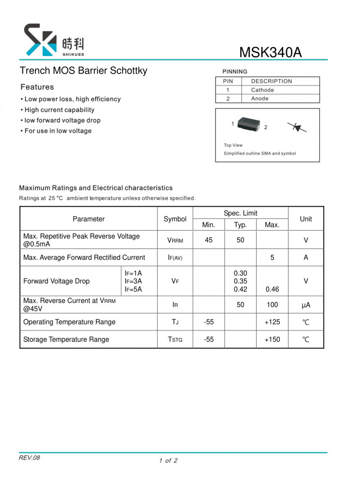 MSK340A electrical specifications documentation