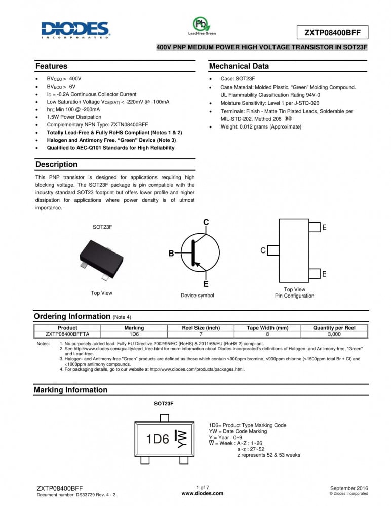 ZXTP08400BFFTA datasheet page 1
