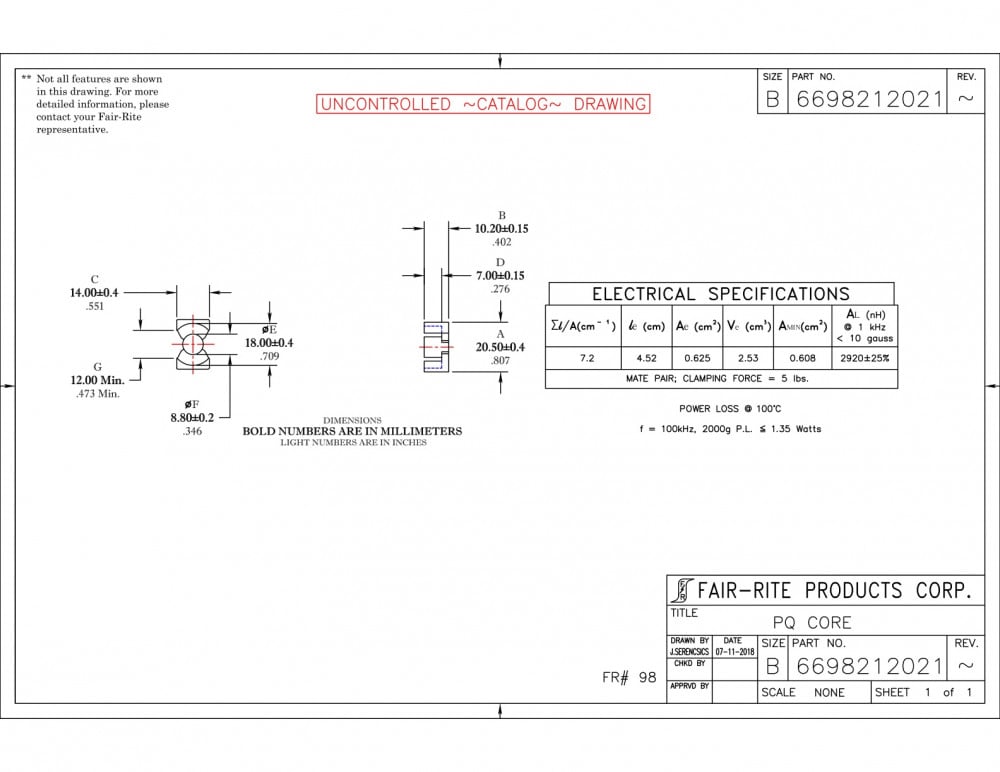 Fair-Rite 6698212021 PQ CORE drawing
