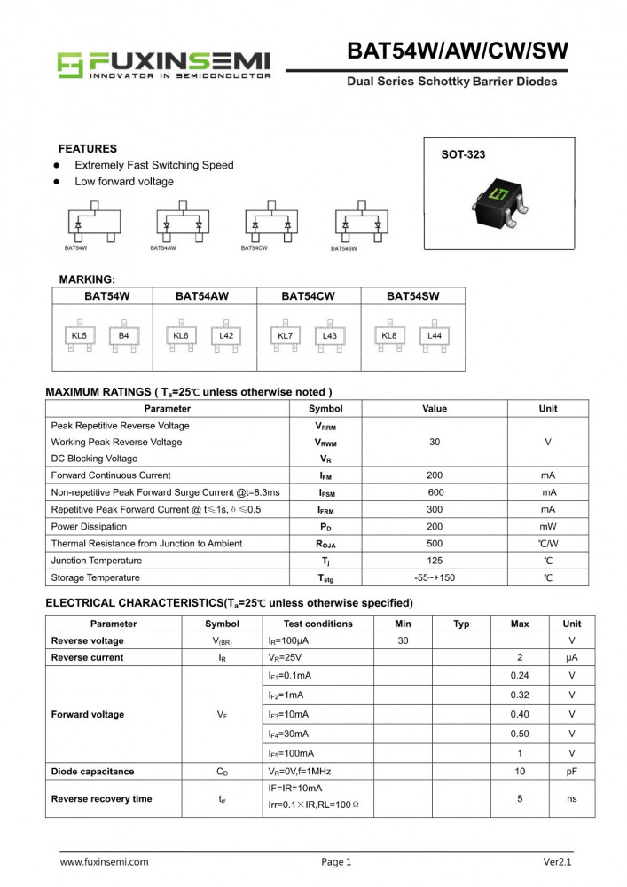 BAT54CW datasheet page 1