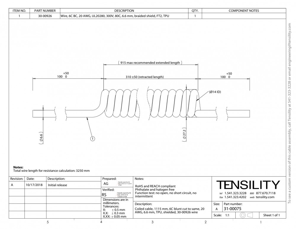 Tensility International cable assembly drawing for 31-00075