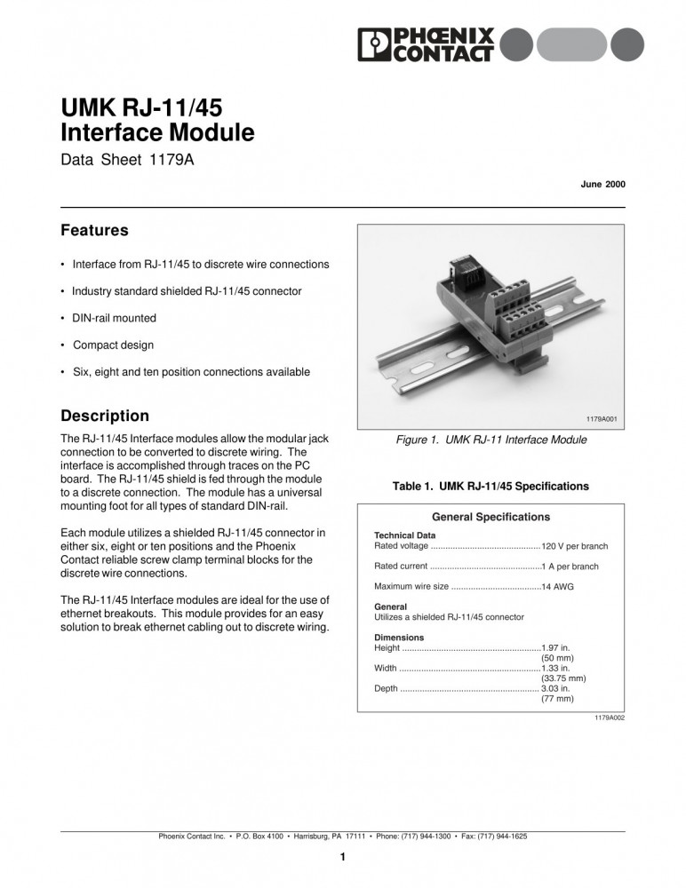 UMK RJ-11/45 interface module datasheet page 1