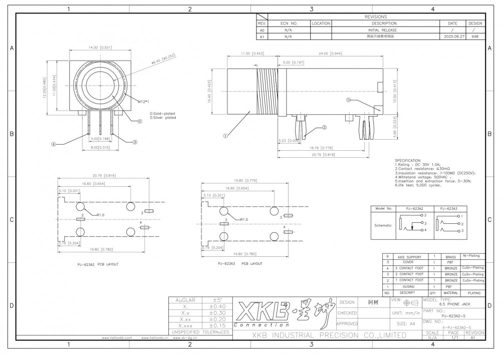 PJ-623A2-S technical drawing and PCB layout