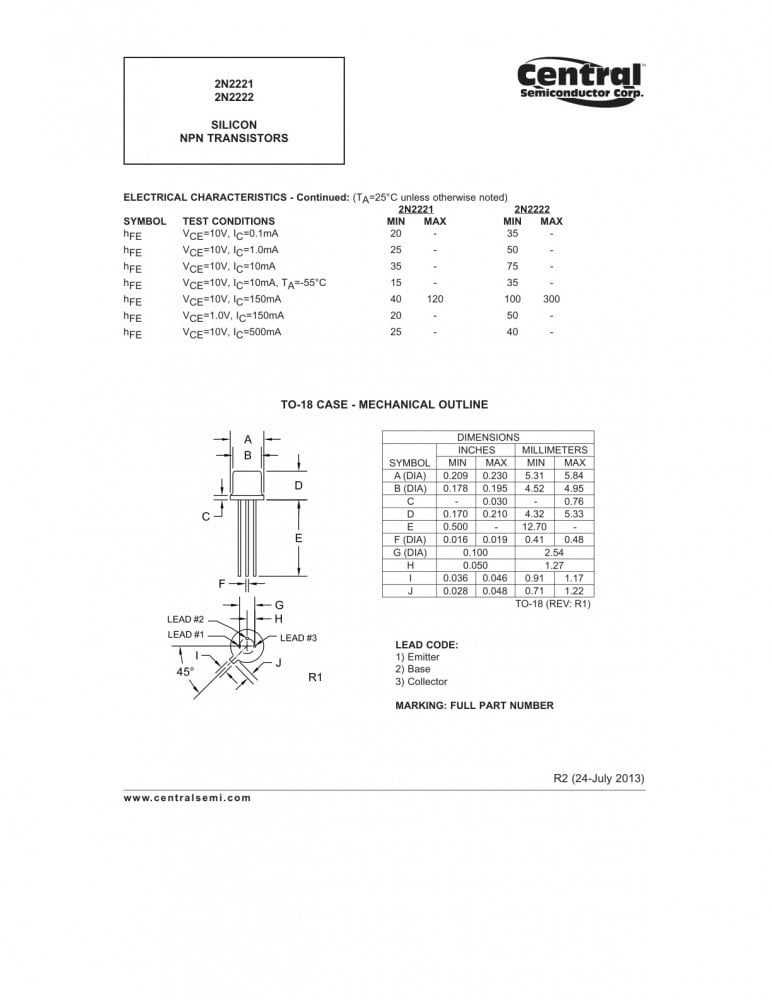 Central 2N2222 PBFREE datasheet page 2