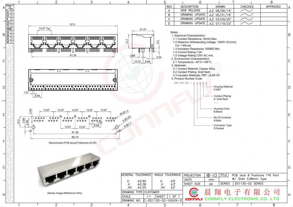 CONNFLY Elec DS1130-02-S8B8P technical drawing preview