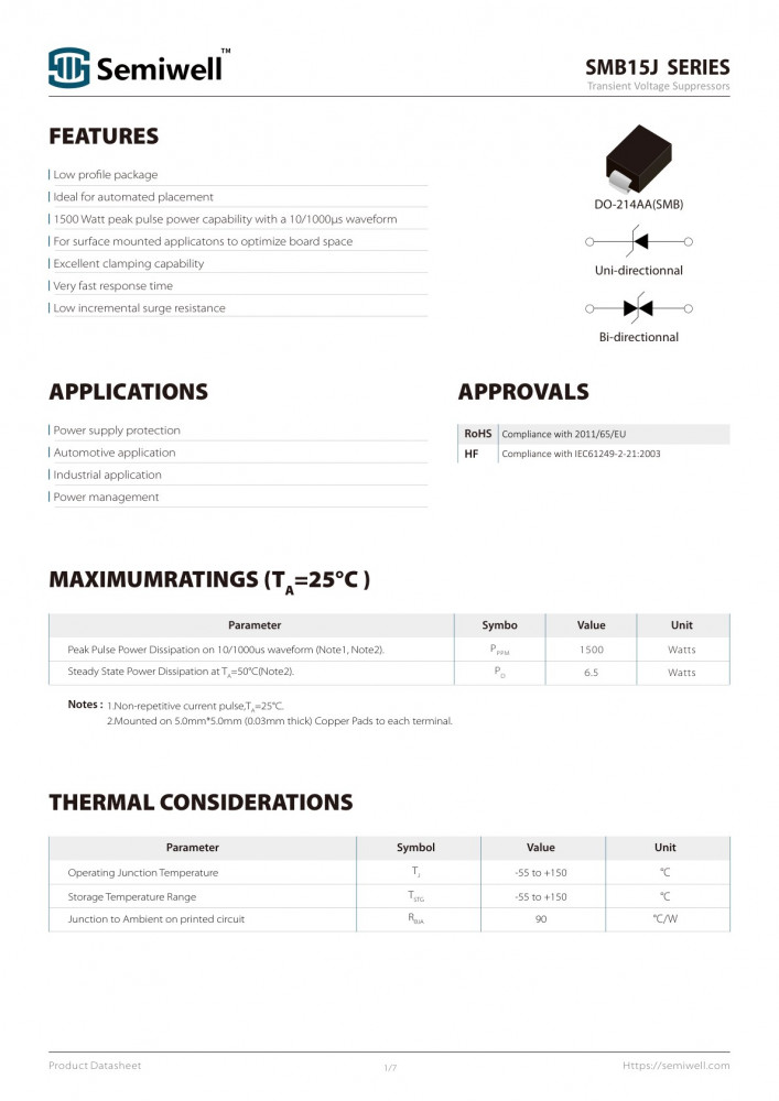 Semiwell SMB15J60CA datasheet page 1