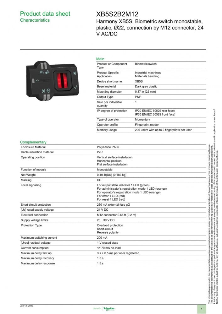 XB5S2B2M12 technical document page 1