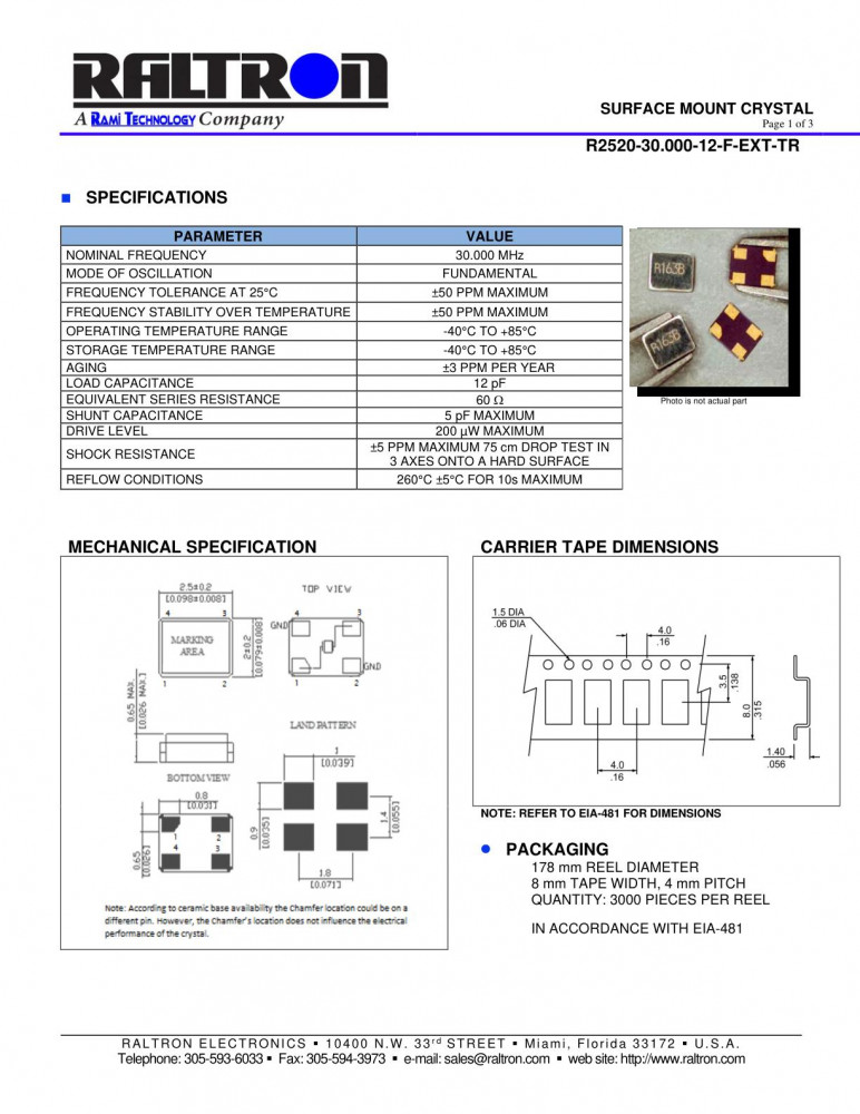 Raltron R2520-30.000-12-F-EXT-TR datasheet page 1