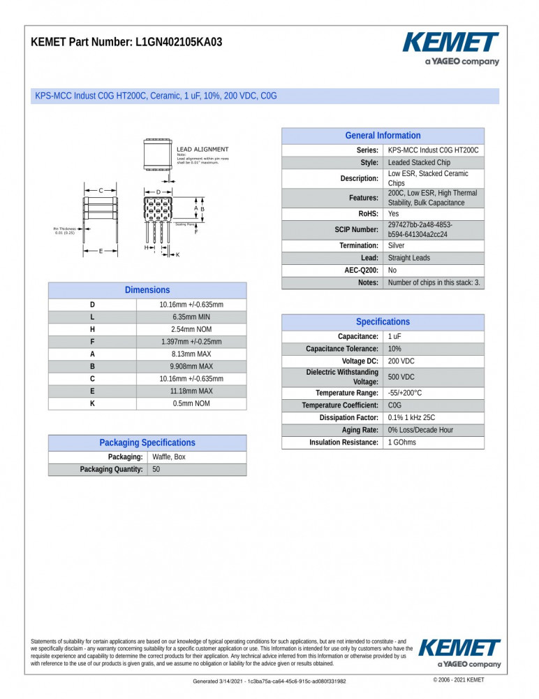 KEMET L1GN402105KA03 technical document page