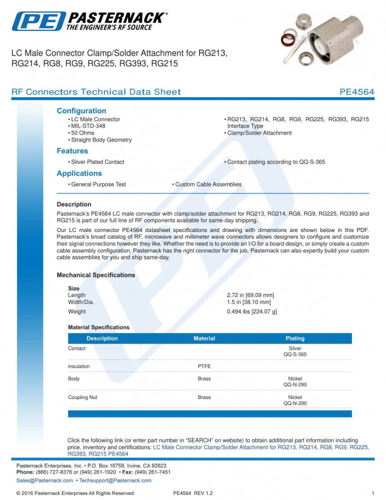 Pasternack PE4564 datasheet page 1