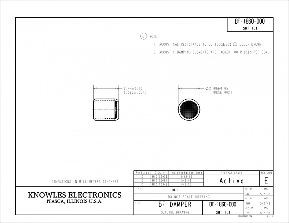 BF-1860-000 acoustic damper outline drawing, sheet I.1