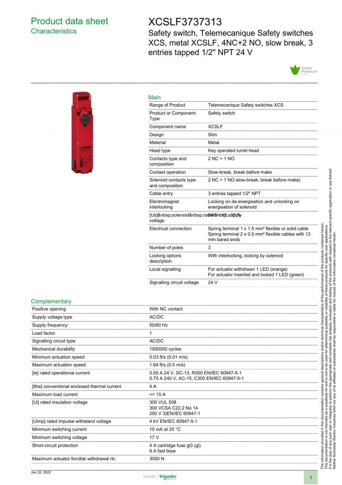 XCSLF3737313 technical document page 1