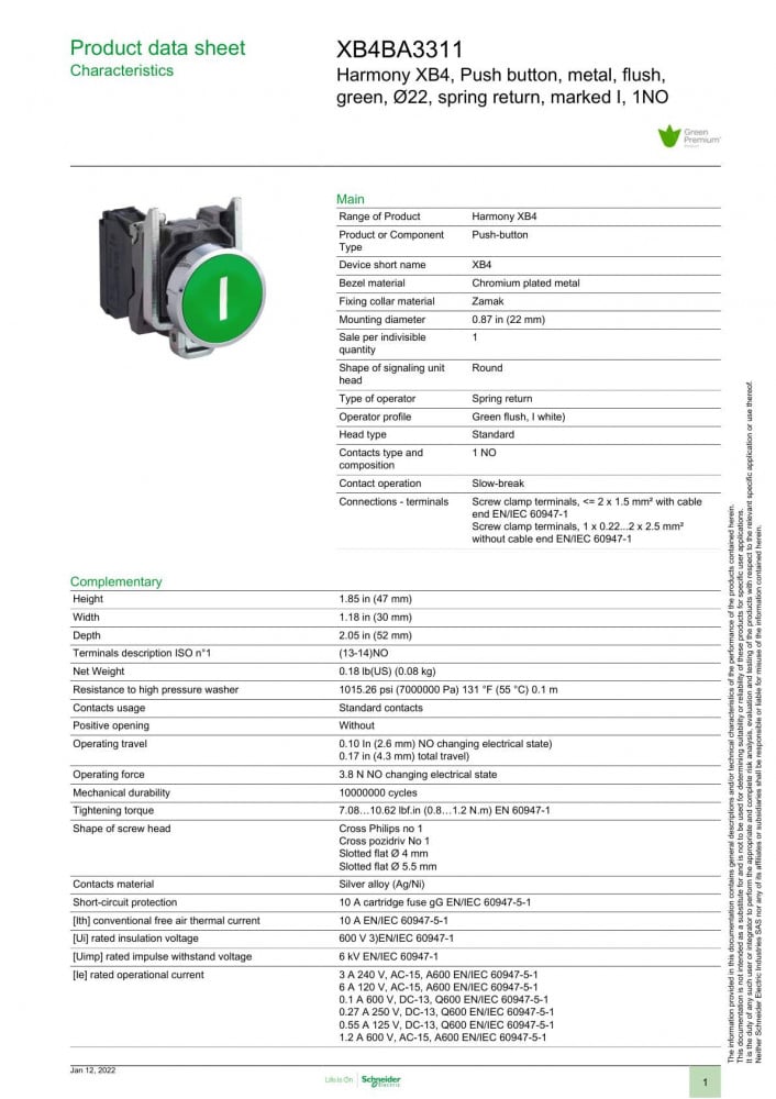 XB4BA3311 technical document page 1