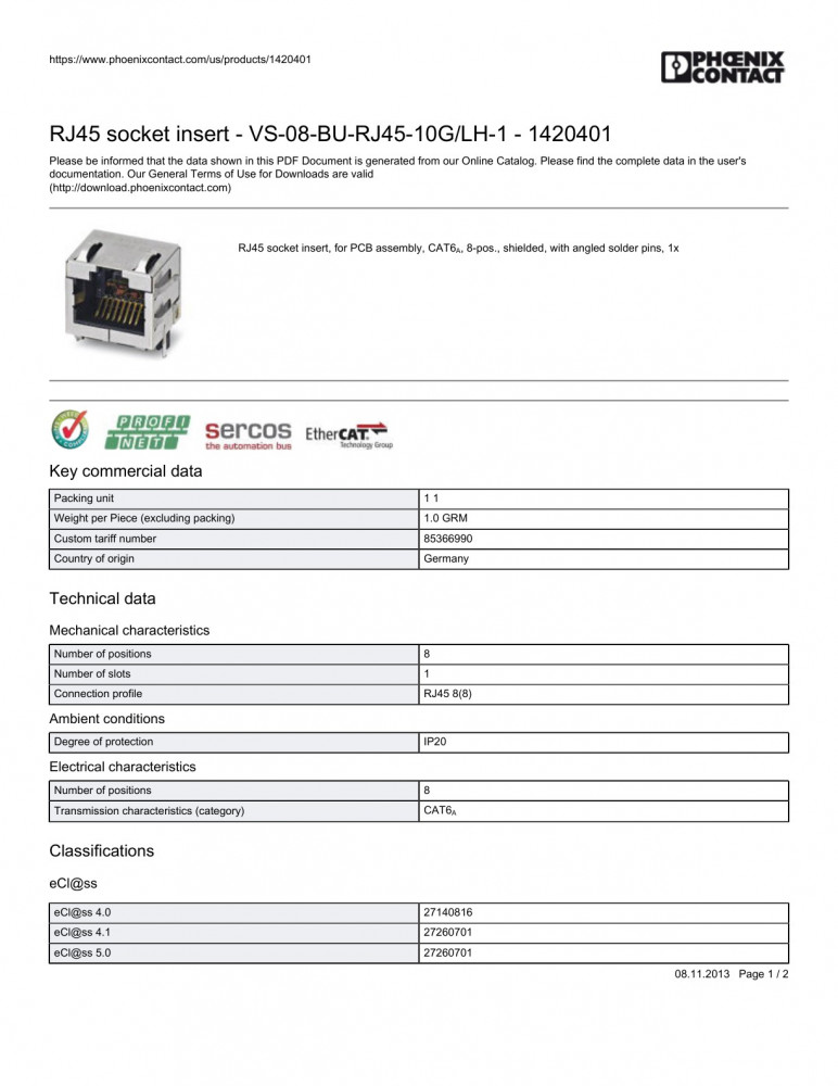 Phoenix Contact 1420401 product document page 1