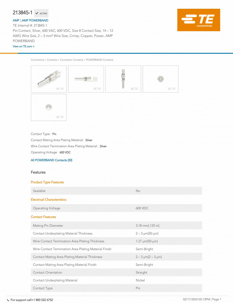 TE Connectivity 213845-1 document page 1