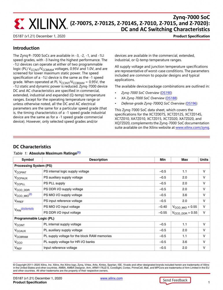 XC7Z010 datasheet page 1
