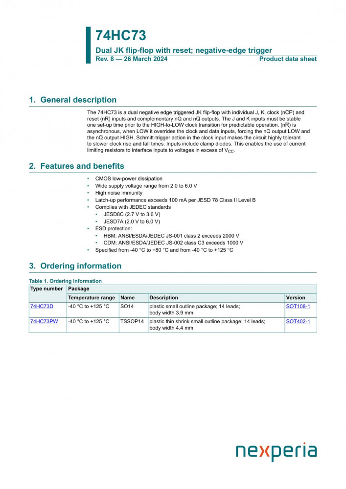 74HC73D datasheet page 1