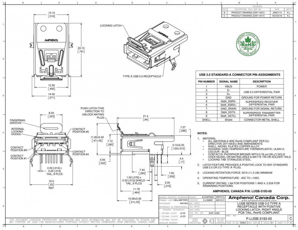 Amphenol LUSB-3193-00 product drawing page 1