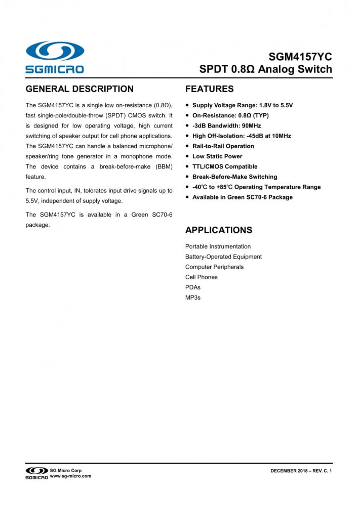 SGM4157YC6/TR datasheet page 1