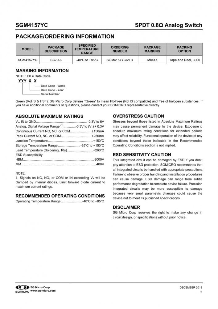 SGM4157YC6/TR datasheet page 2