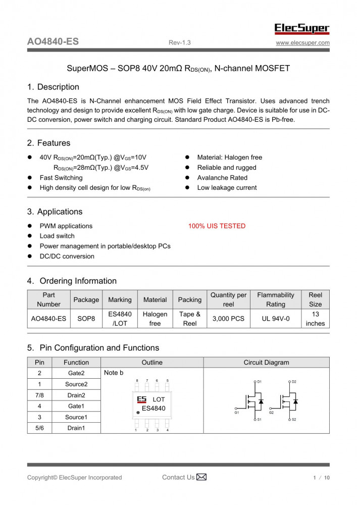 AO4840-ES datasheet page 1