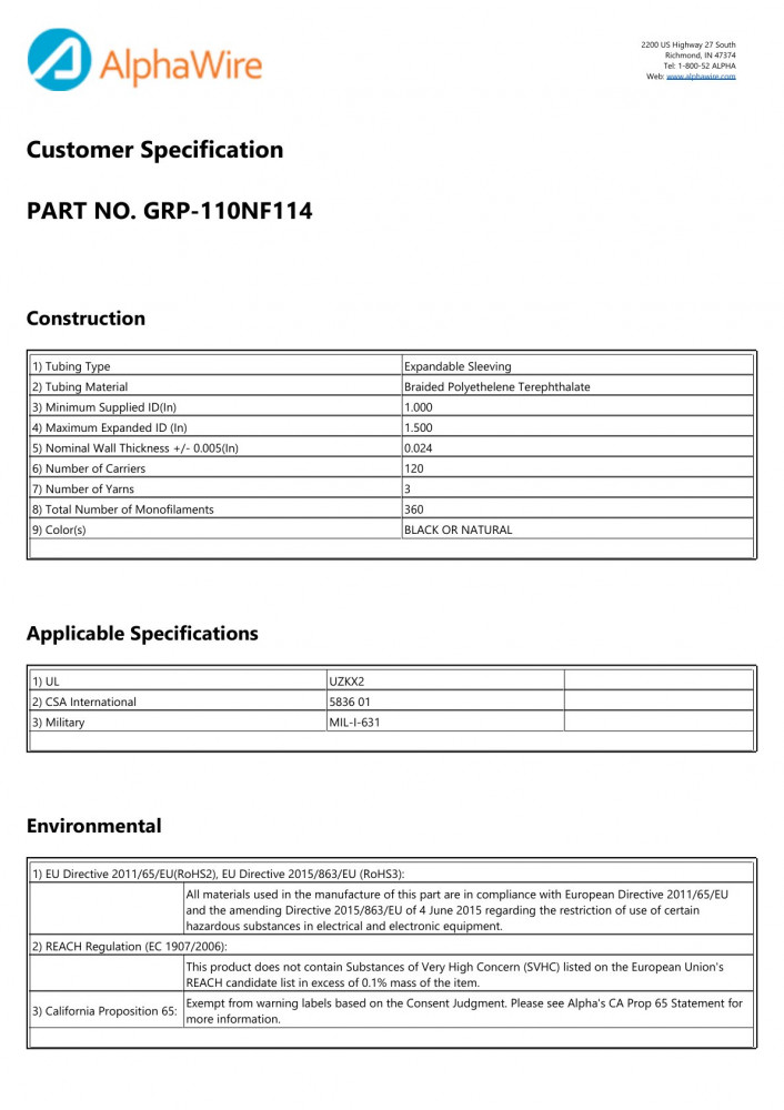 Alpha Wire GRP-110NF114 specification page 1