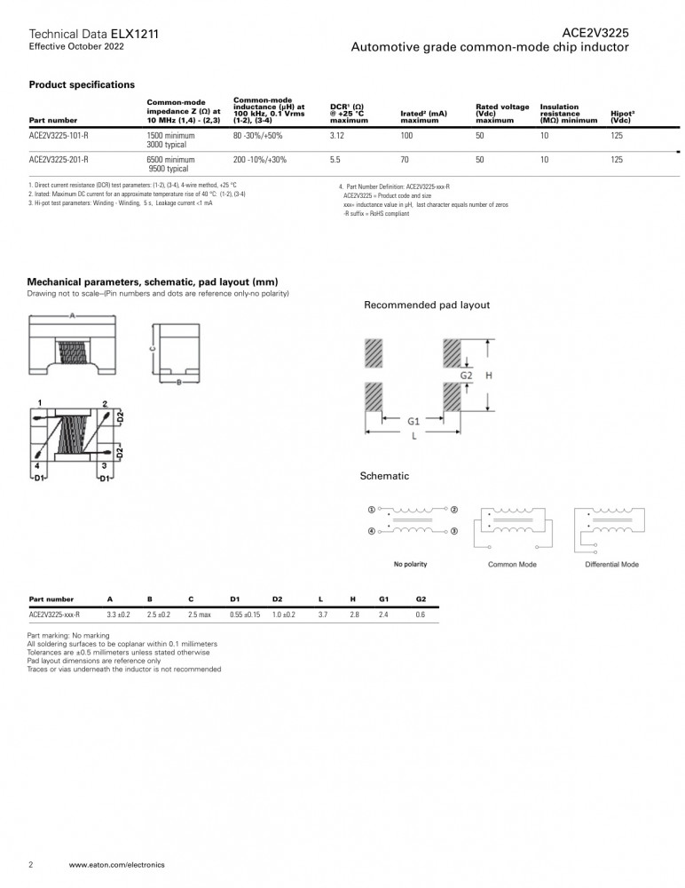 ACE2V3225-201-R electrical specifications