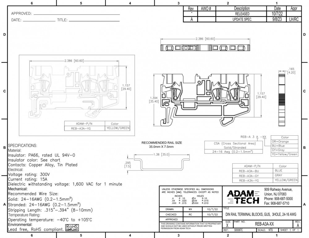 ADAM TECH REB-A3A-XX DIN rail terminal block drawing and specifications