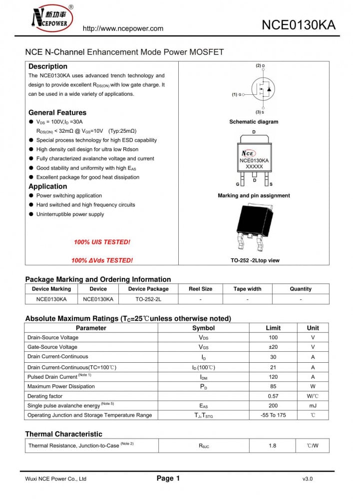 NCE0130KA datasheet page 1
