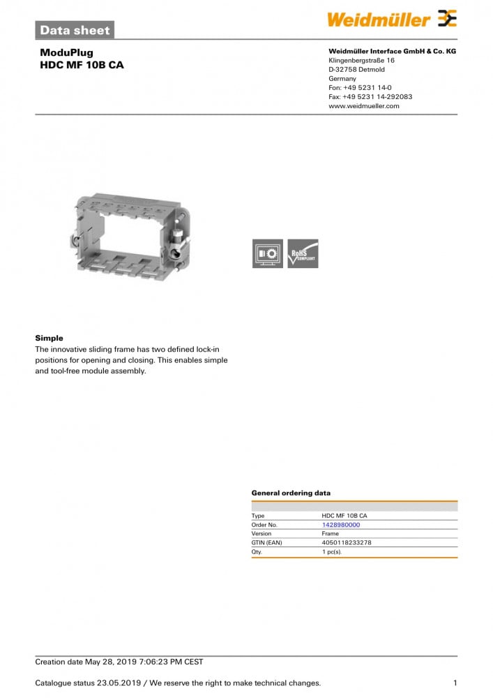 WEIDMULLER 1428980000 technical document page 1