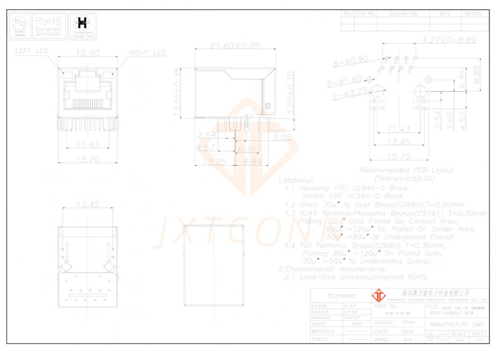 RJ45-6110-8P technical drawing page 1