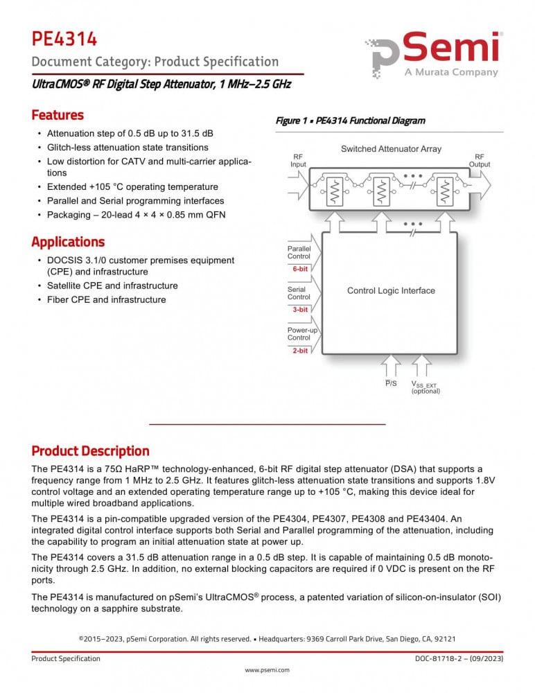 PE4314B-Z datasheet page 1