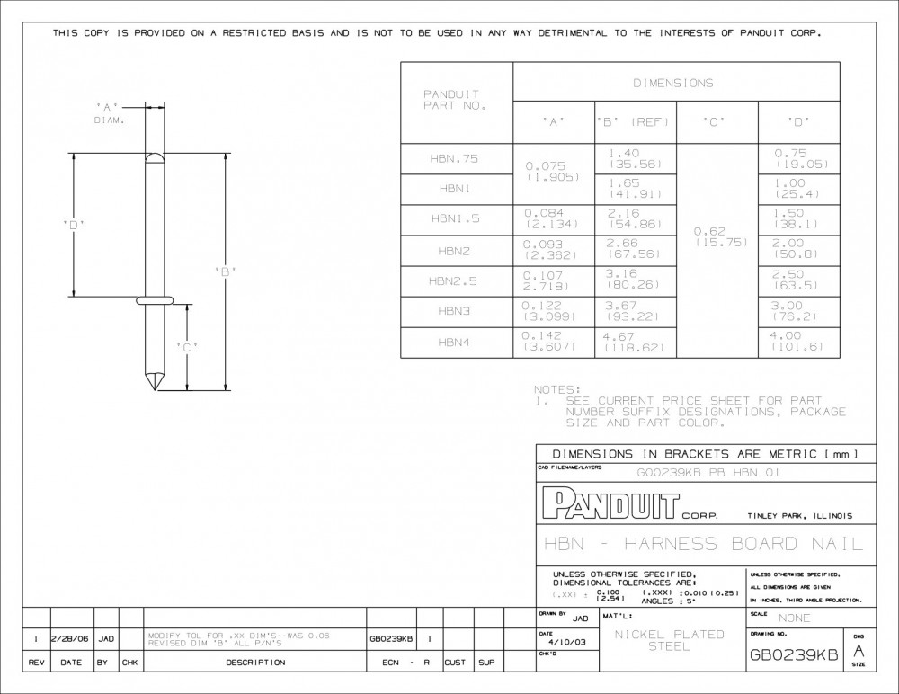 HBN harness board nail dimensional drawing