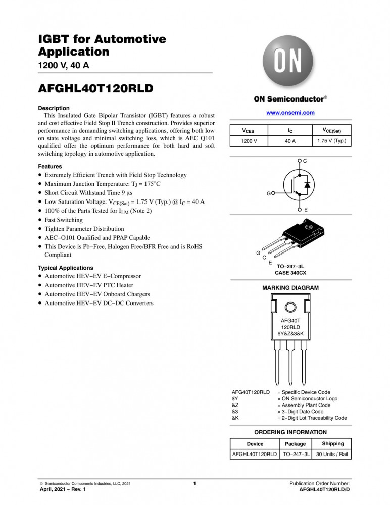 AFGHL40T120RLD datasheet page 1
