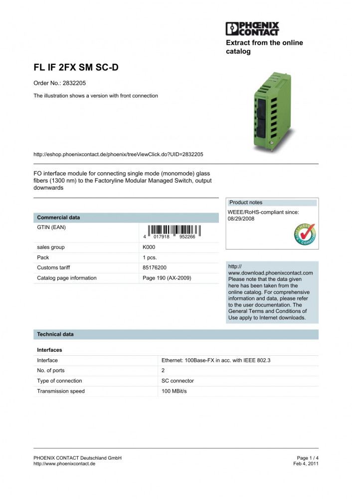 Phoenix Contact 2832205 technical document page 1
