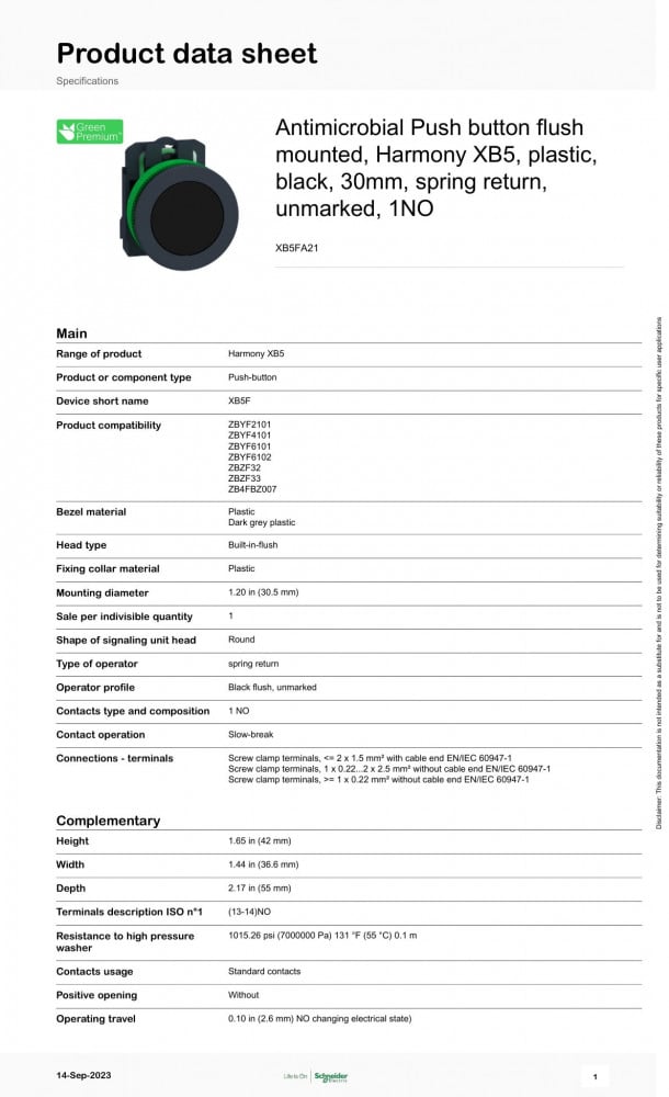 XB5FA21 technical document page 1