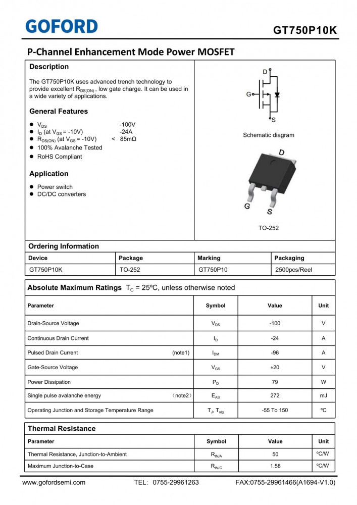 GT750P10K datasheet page 1