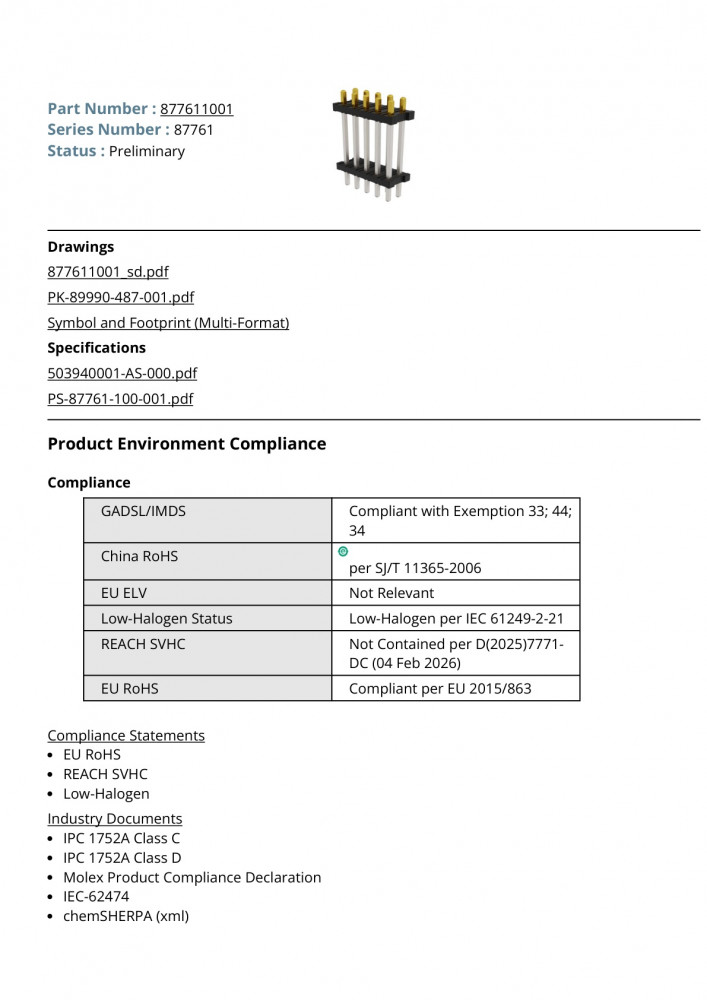 MOLEX 877611001 product drawing preview, page 1