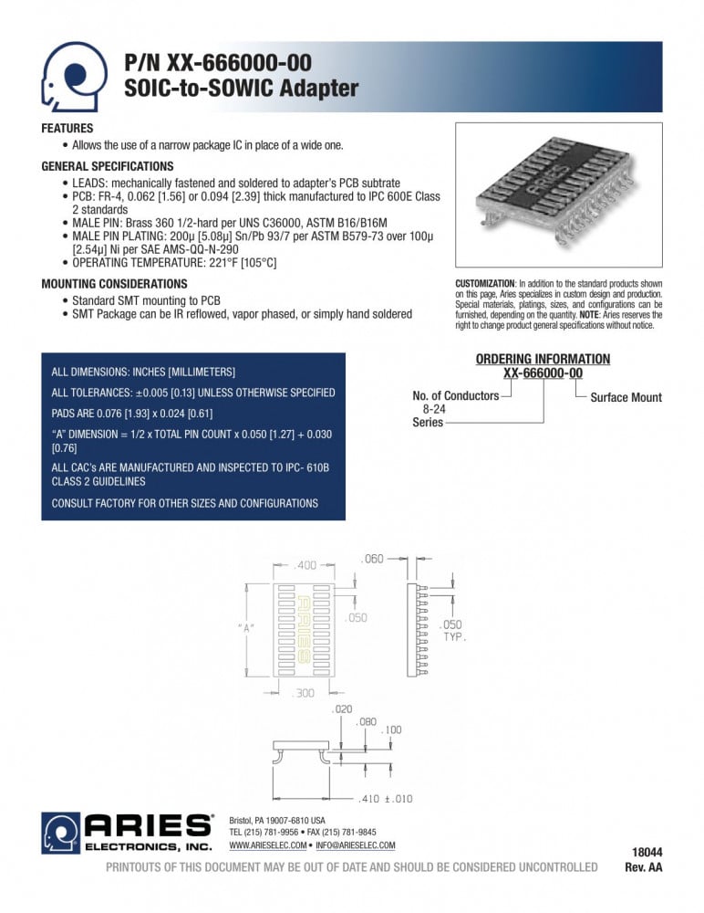 Aries Electronics 16-666000-00 SOIC-to-SOWIC adapter technical drawing