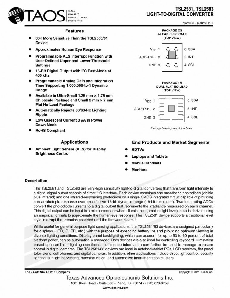 TSL2581CSEVM datasheet page 1