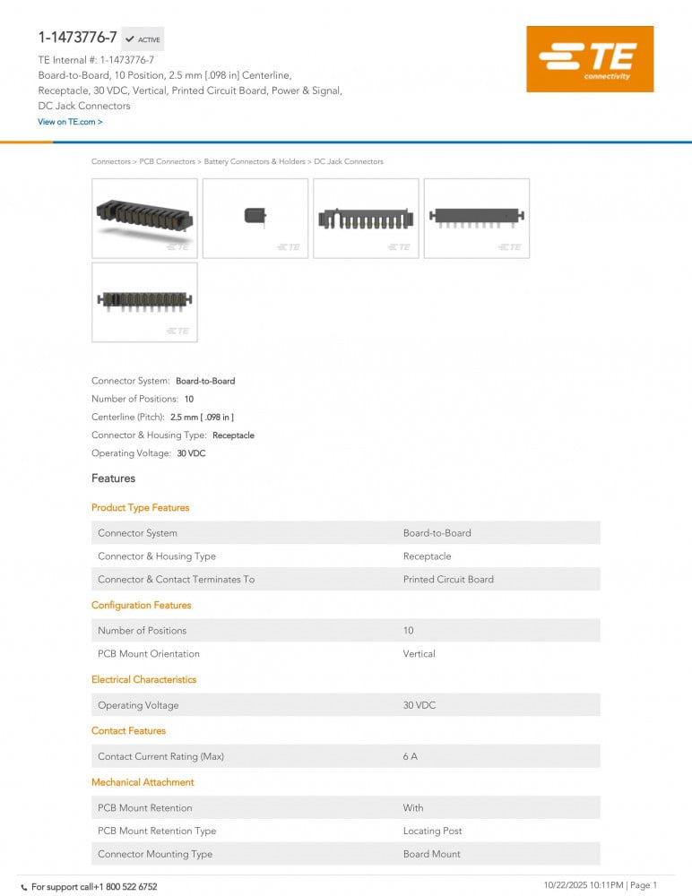 TE Connectivity product documentation page 1