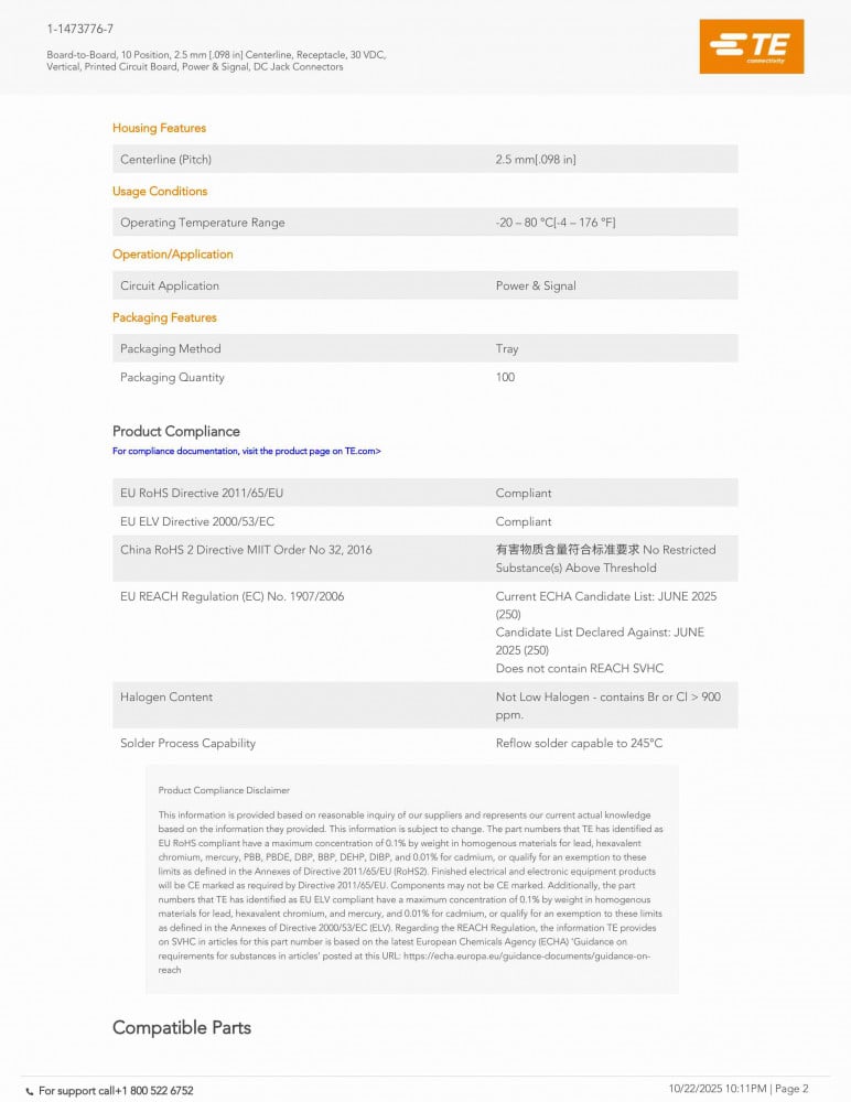 TE Connectivity product documentation page 2