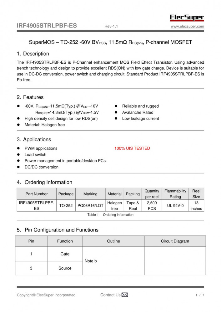 IRF4905STRLPBF-ES datasheet page 1