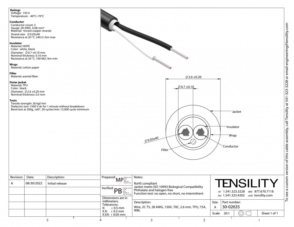 Tensility International 30-02635 cable drawing and specification sheet