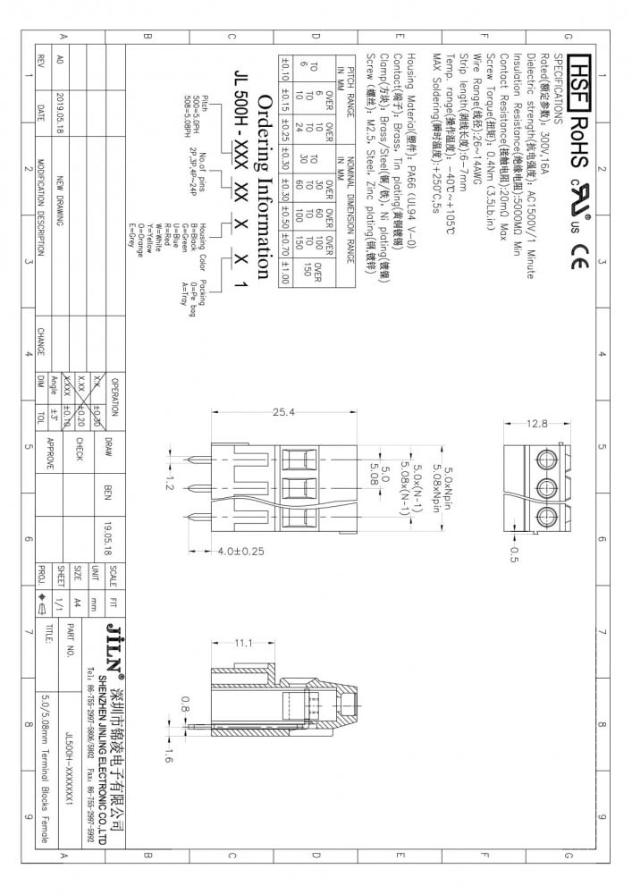 JILN JL500H terminal block technical drawing