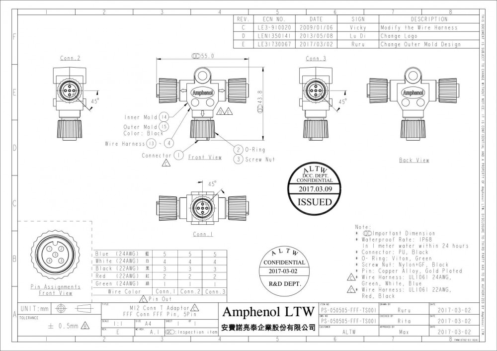 Amphenol PS-050505-FFF-TS001 technical drawing